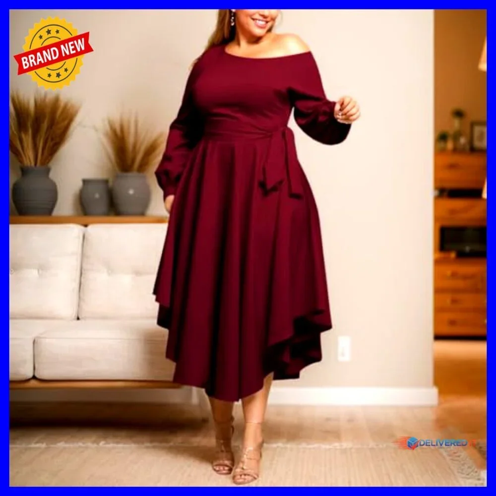 Dresses | Plus Size Formal Midi Dress Off Shoulder Long Sleeve Boat ...